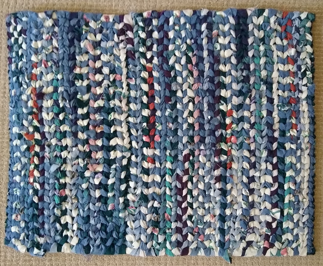 20x25 Rag Rug, Hand Woven, Twined, Blue, Multi Color, Upcycled Fabrics ...
