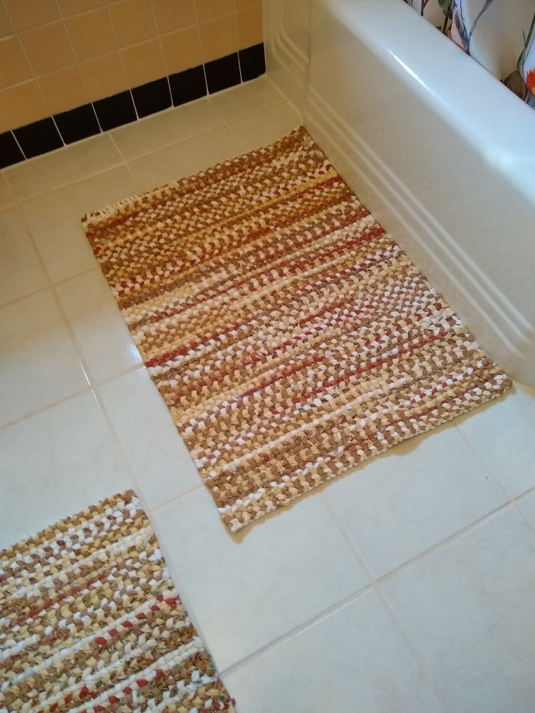 26x35 Hand Woven, Twined, Rag Rug, Upcycled Fabrics, Gold, White, Rust ...