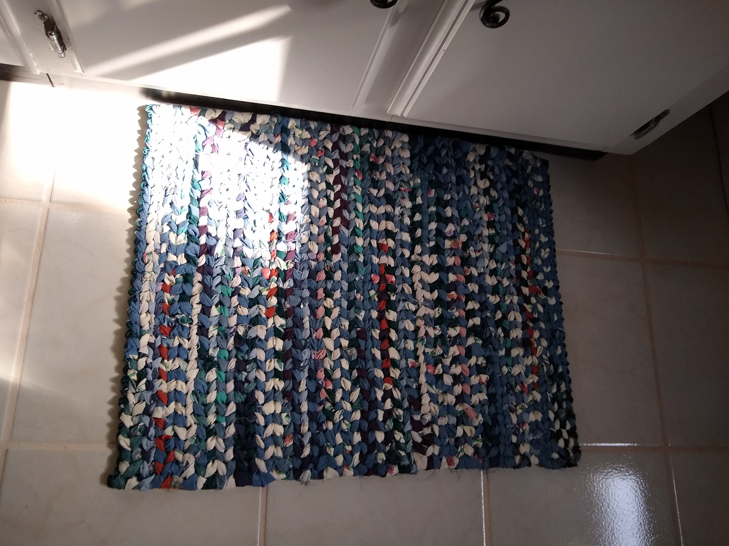 20x25 Rag Rug, Hand Woven, Twined, Blue, Multi Color, Upcycled Fabrics ...