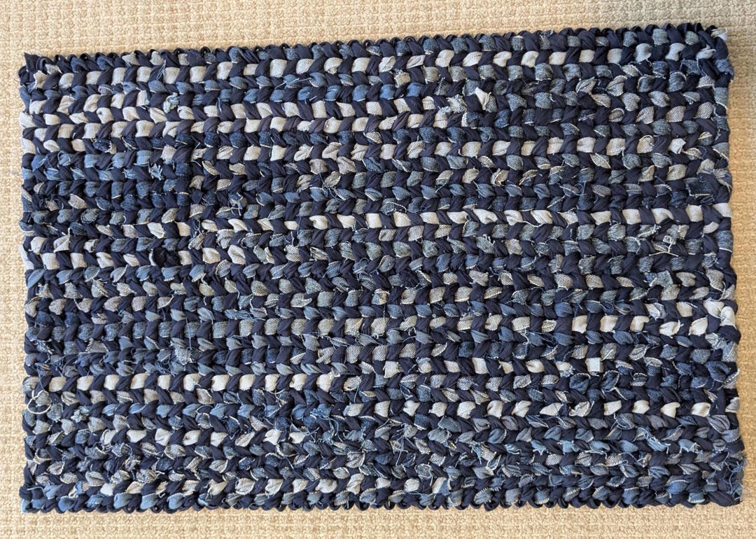 17x26 Denim & Navy Sheet, Rag Rug, Hand Woven, Twined, Upcycled Fabrics ...