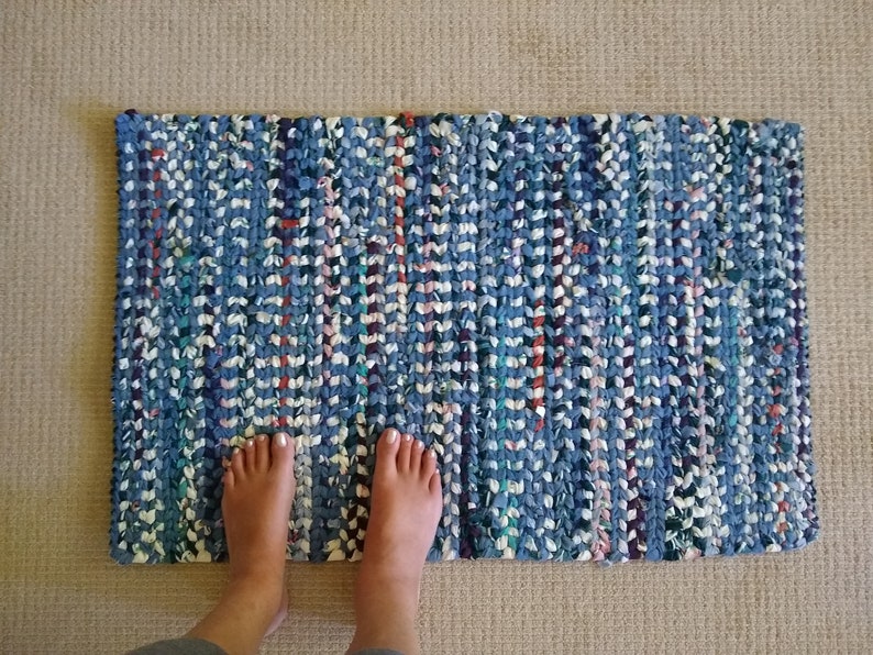 23x35 Rag Rug, Hand Woven, Twined, Blue, Multi Color, Upcycled Fabrics ...