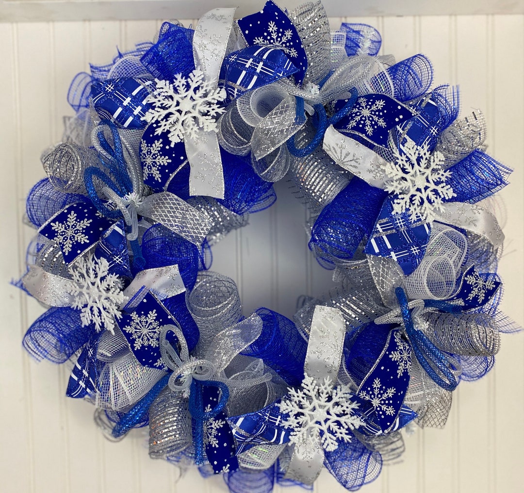 Blue Snowflake Deco Mesh Wreath/blue Christmas Wreath/snowflake Wreath ...