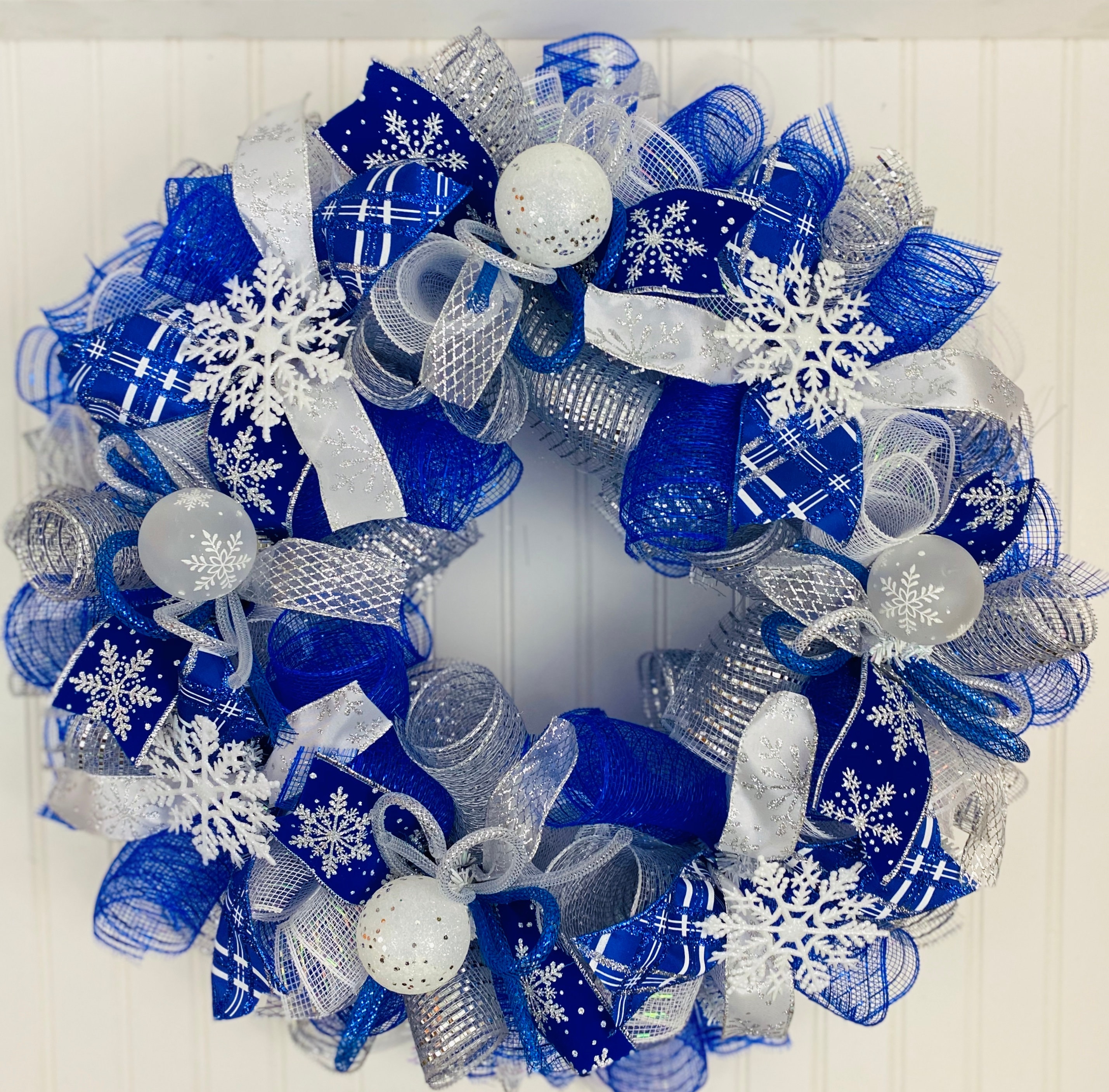 Blue Snowflake Deco Mesh Wreath/blue Christmas - Etsy