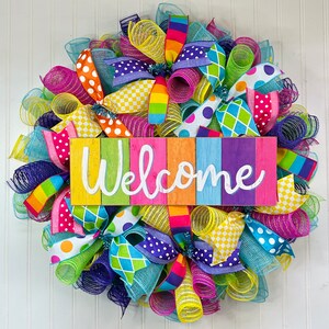 Rainbow Welcome Wreath: Summer Front Door Decor - Etsy