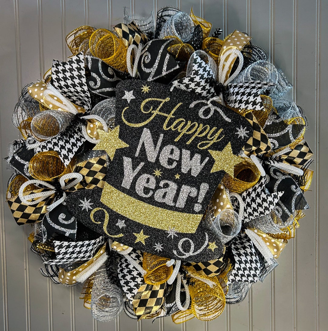 New Year Front Door Wreath, Black and Gold Deco Mesh, 24-25” - Etsy