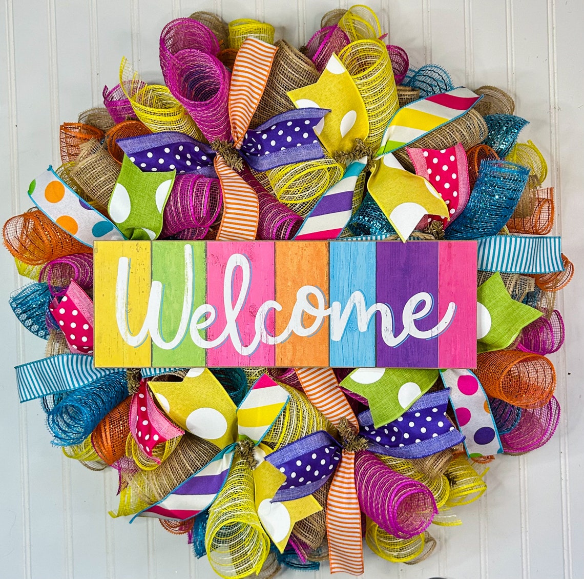 Rainbow Welcome Wreath: Summer Front Door Decor - Etsy