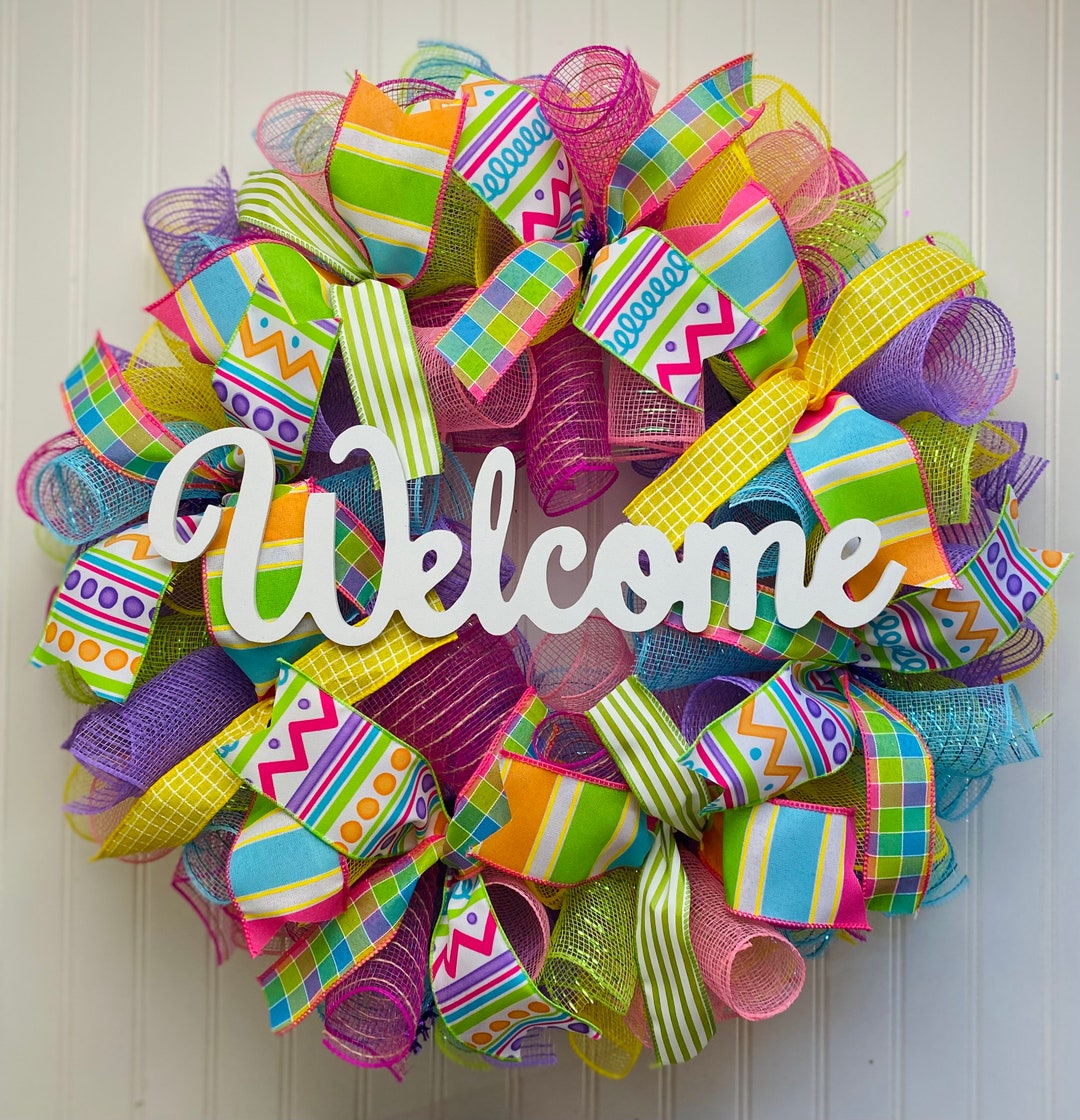 Rainbow Welcome Wreath: Spring Summer Front Door Decor - Etsy