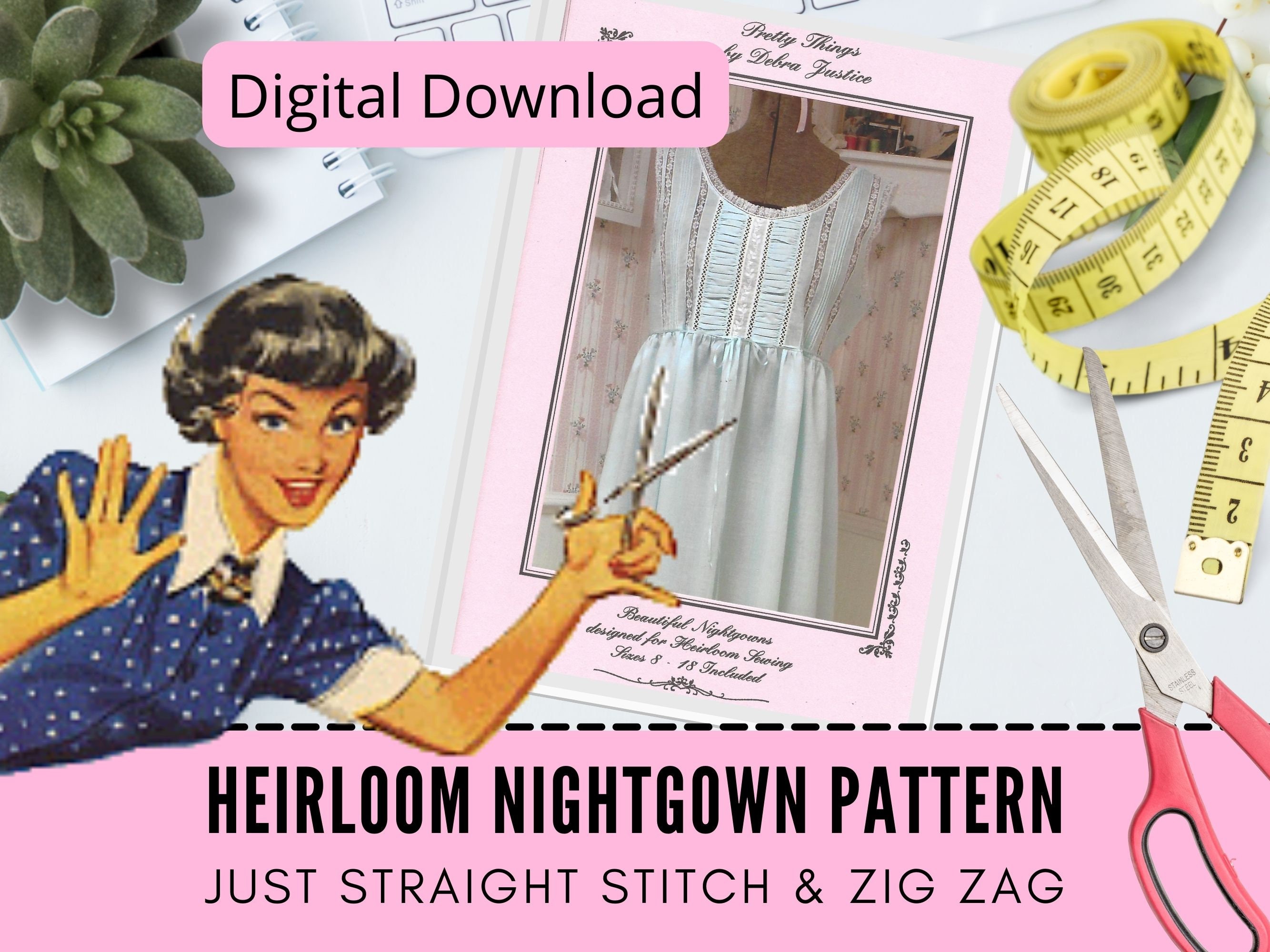 Nightgown Pattern PDF Includes Heirloom Sewing Lesson Tutorial Beginner Sewing to Advanced Learn ...