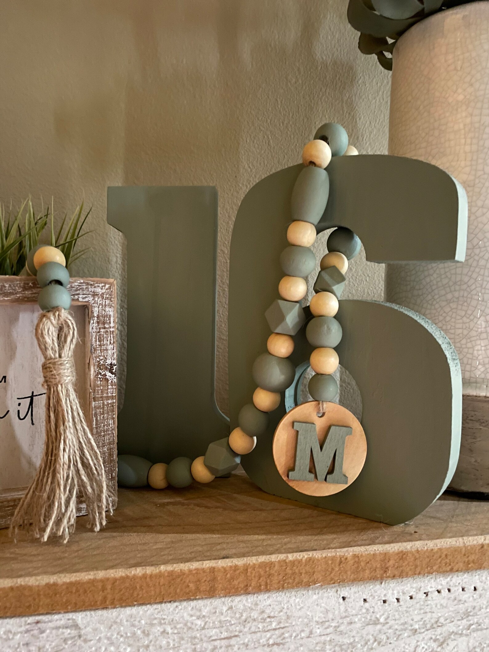Wood Bead Garland With Tassel, Monogrammed Wood Bead Garland, Home ...