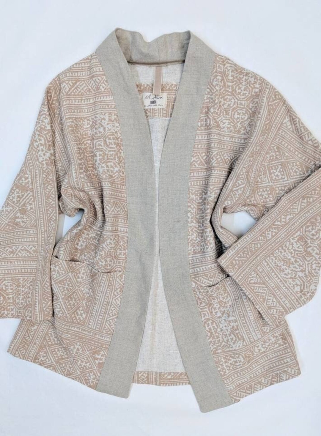Linen Kimono Style Jacket, Hand Block Printed Minimalist Blazer, Med ...