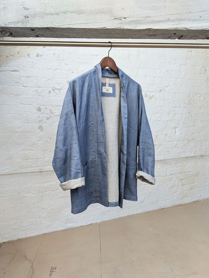 Men's Linen Jacket, Minimalist Denim Look Kimono, Soft Med/heavy Pure ...