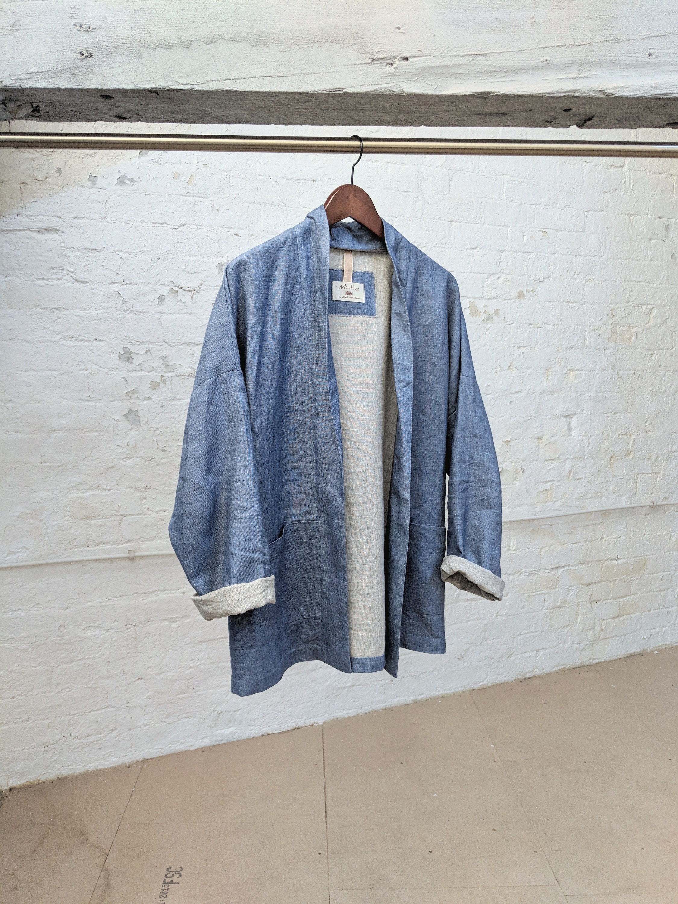 Men's Linen Jacket, Minimalist Denim Look Kimono, Soft Med/heavy Pure ...