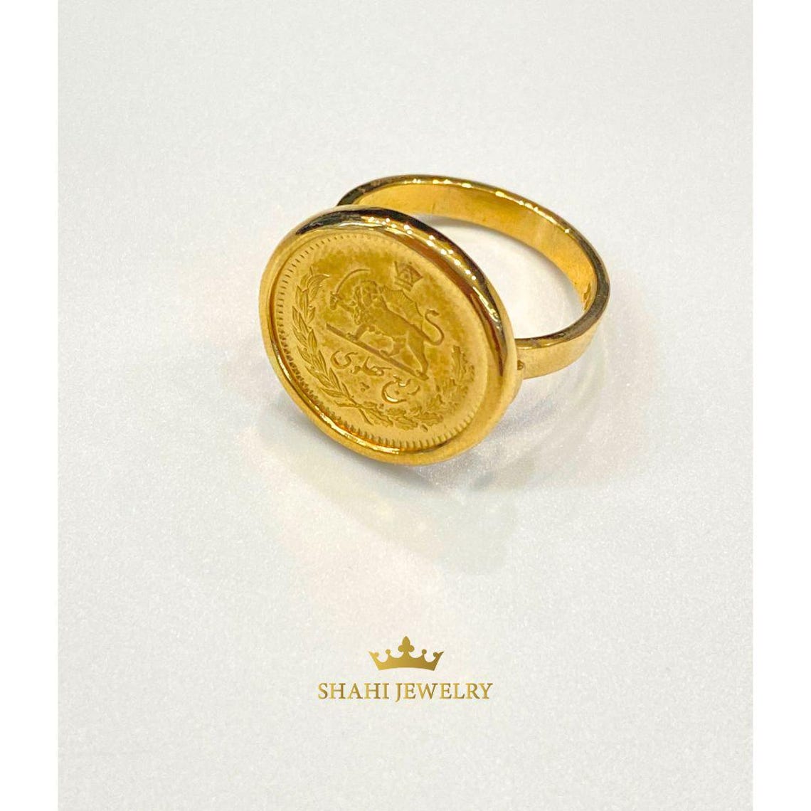 900 Solid Gold Original Pahlavi Coin on 750 Solid Gold Ring, Gold Coin ...