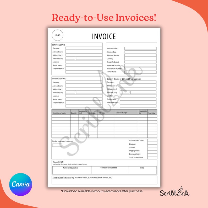 Editable Invoice Template, Digital Invoice Canva Template, Printable ...