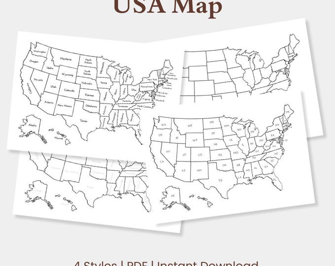 USA Color in Map Digital Printfree SHIPPING, United States Map, Color ...