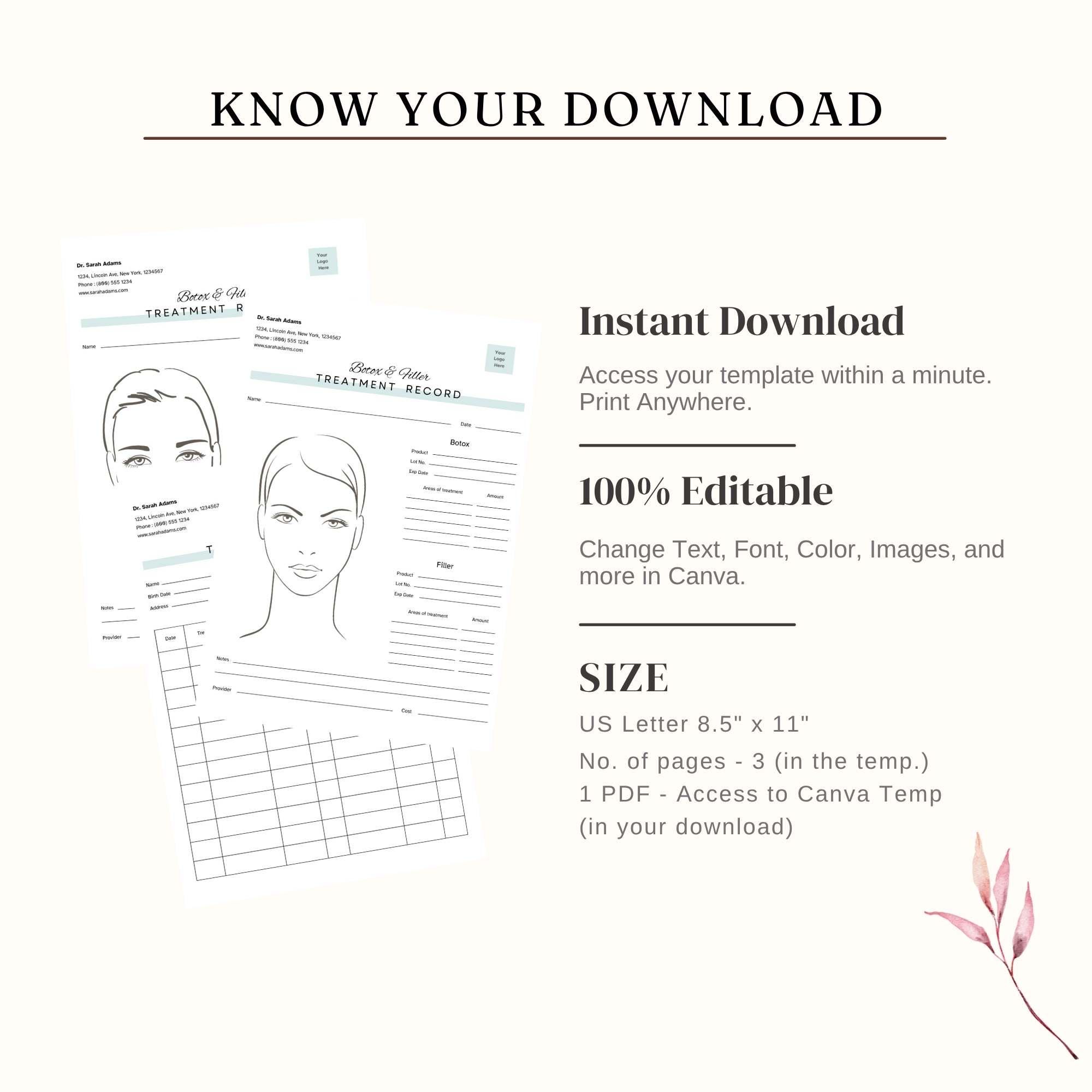 Botox & Dermal Filler Treatment Record Form Canva Template (digital ...