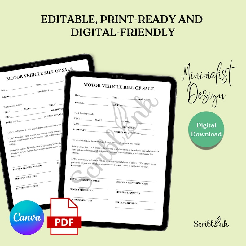 Printable Vehicle Bill of Sale, Editable Car, Truck, Bike Bill of Sale ...