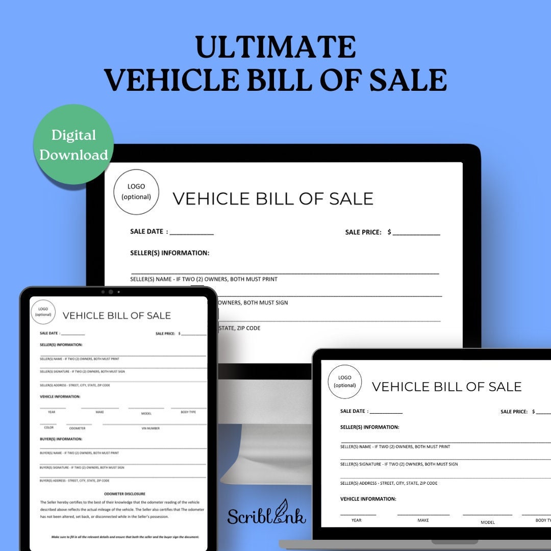 Vehicle Bill of Sale Form, Printable Car Sale Agreement, Editable Auto ...