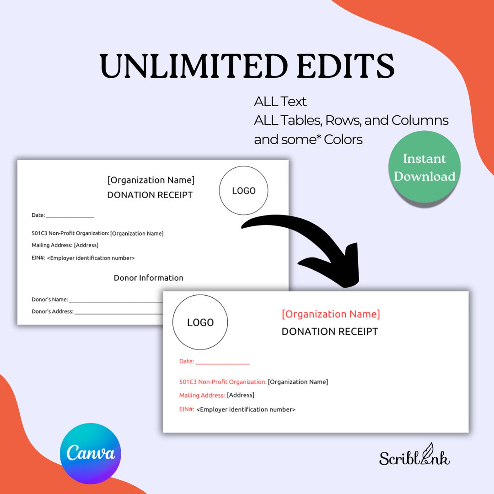 Printable Donation Form & Receipt Template, Editable Charity Donation ...