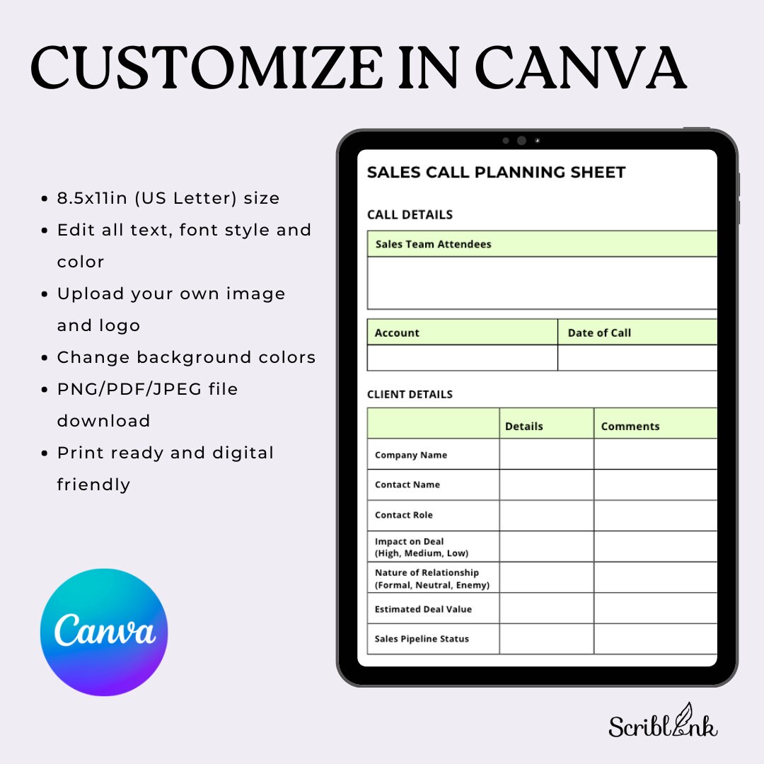 Sales Planner Template Editable Sales Call Log, Daily Sales Goal ...