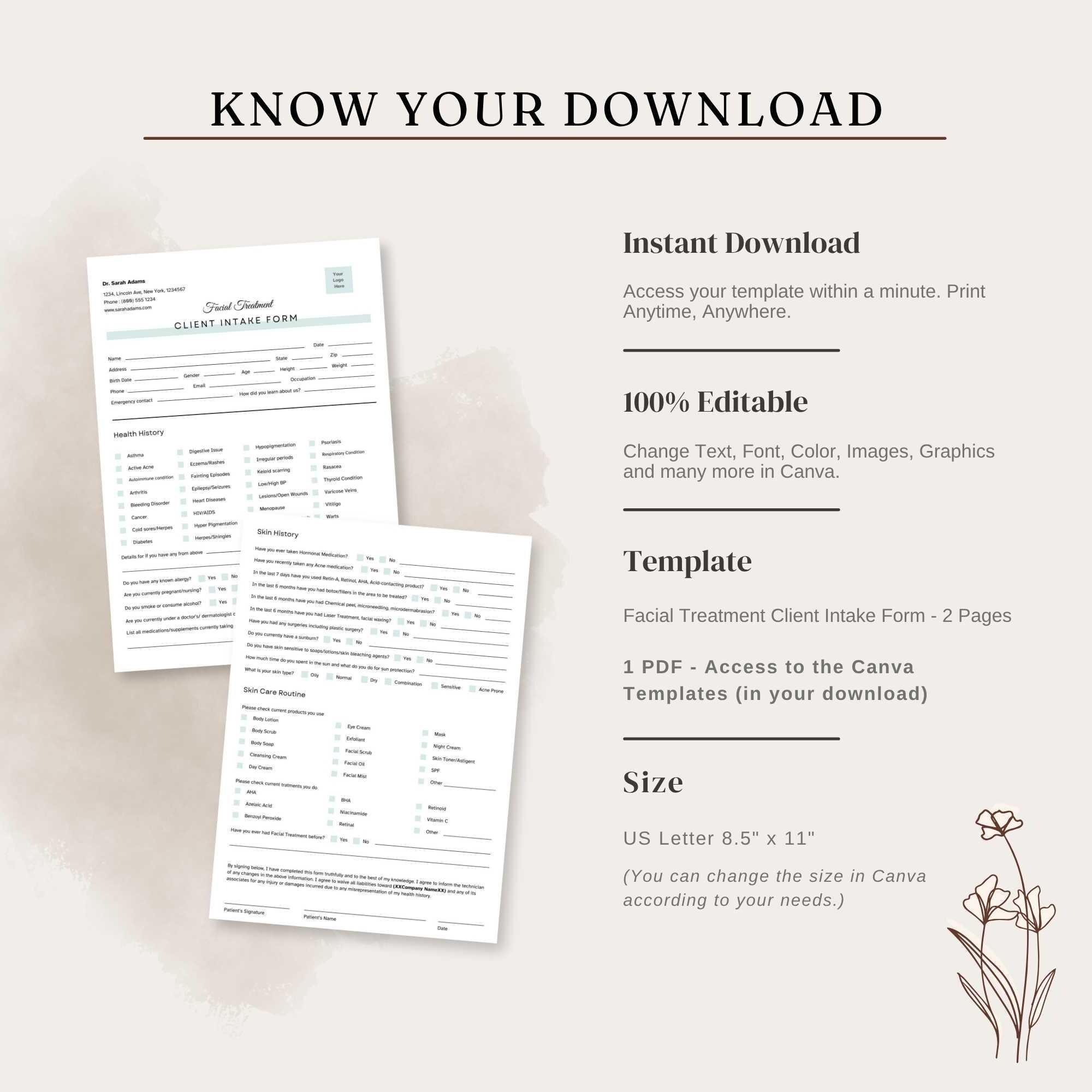 Facial Consultation Form, Client Intake Form, Beauty Salon Printable ...