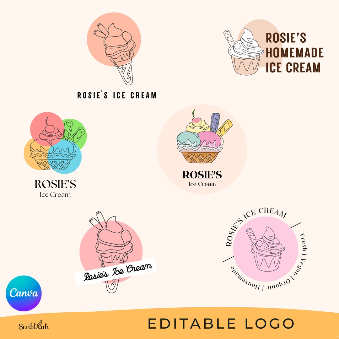 Custom Ice Cream Shop Logo, Canva 6 Editable Ice Cream Logo, Ice Cream ...
