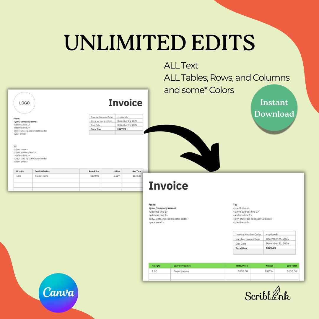 Editable Custom Invoice Template, Digital Invoice Design, Social Media ...