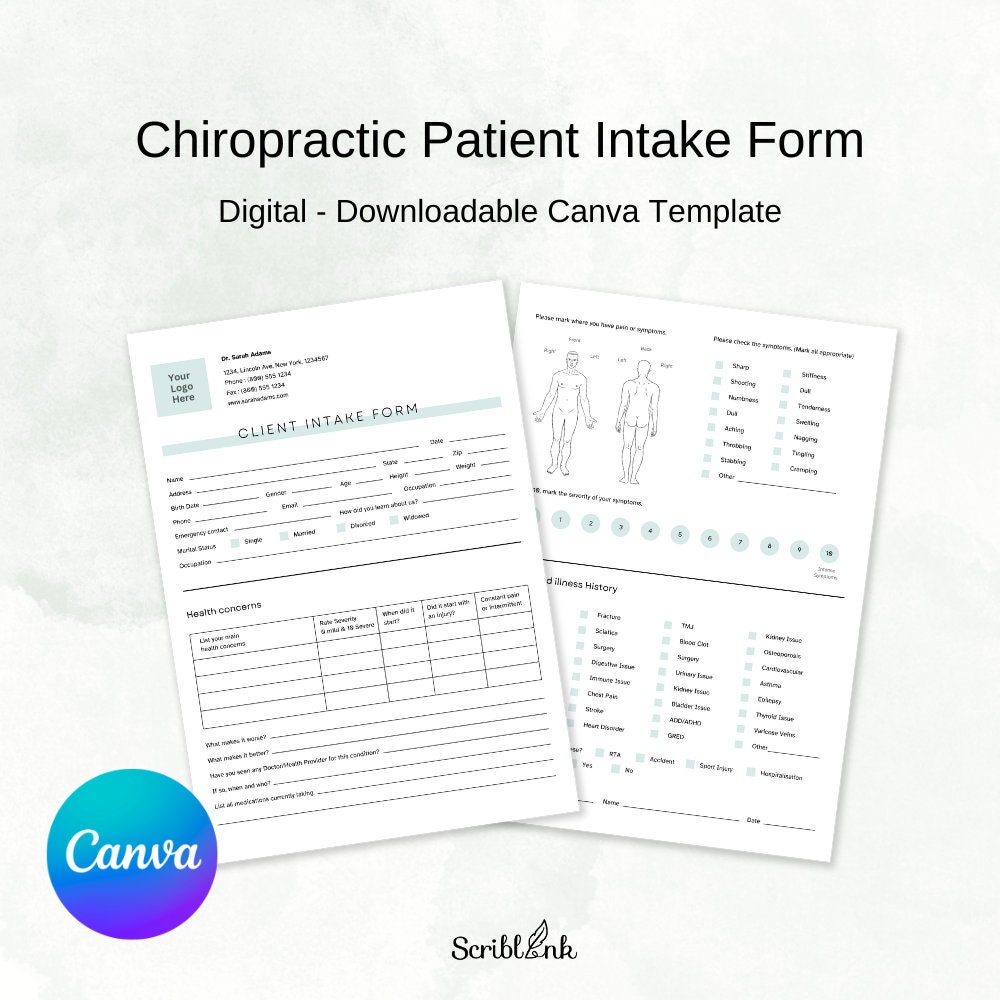 Chiropractic New Patient Information/ History/ PDF Canva Template ...