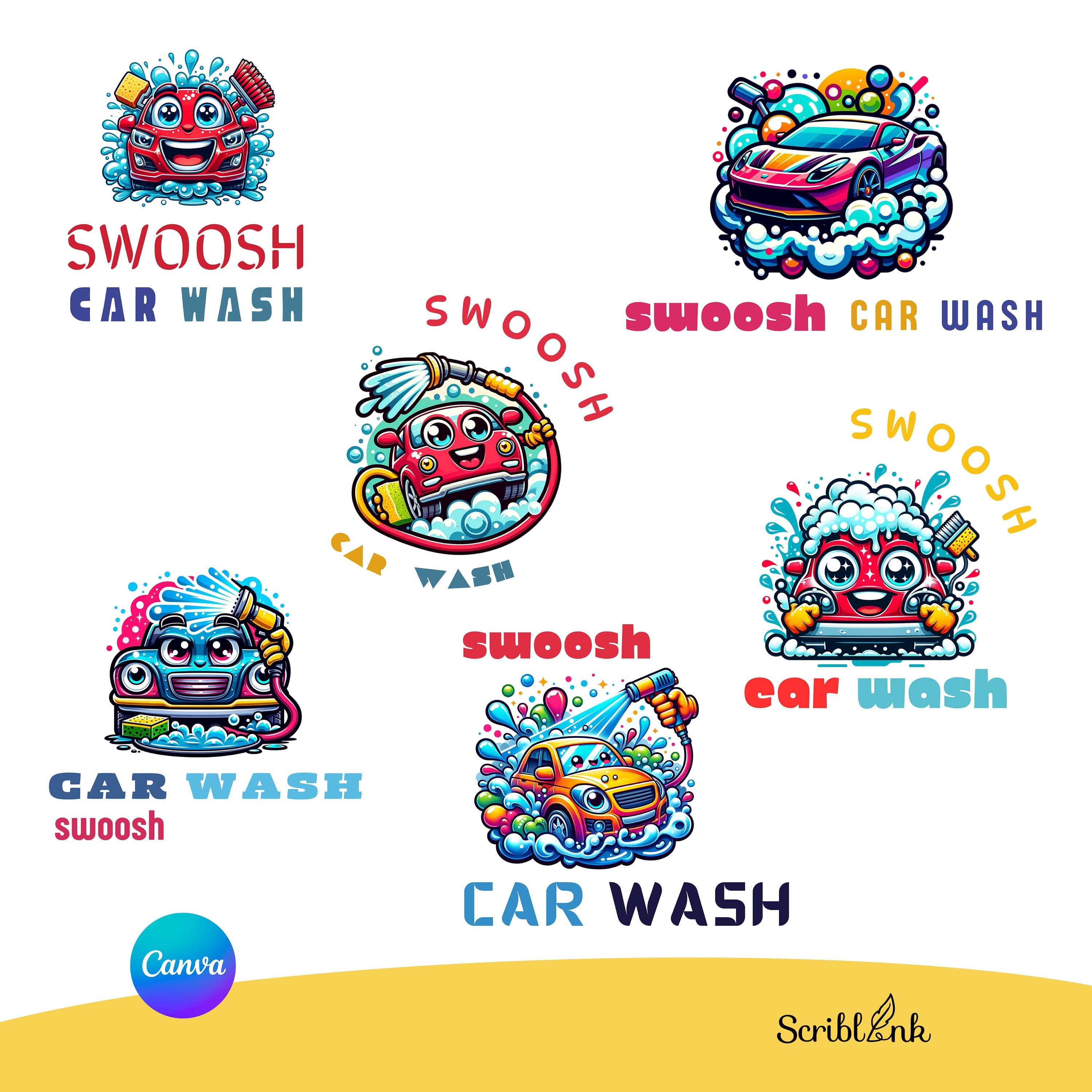 Custom Car Wash Logo, Canva 6 Editable Auto Wash Logos, Power Washing ...