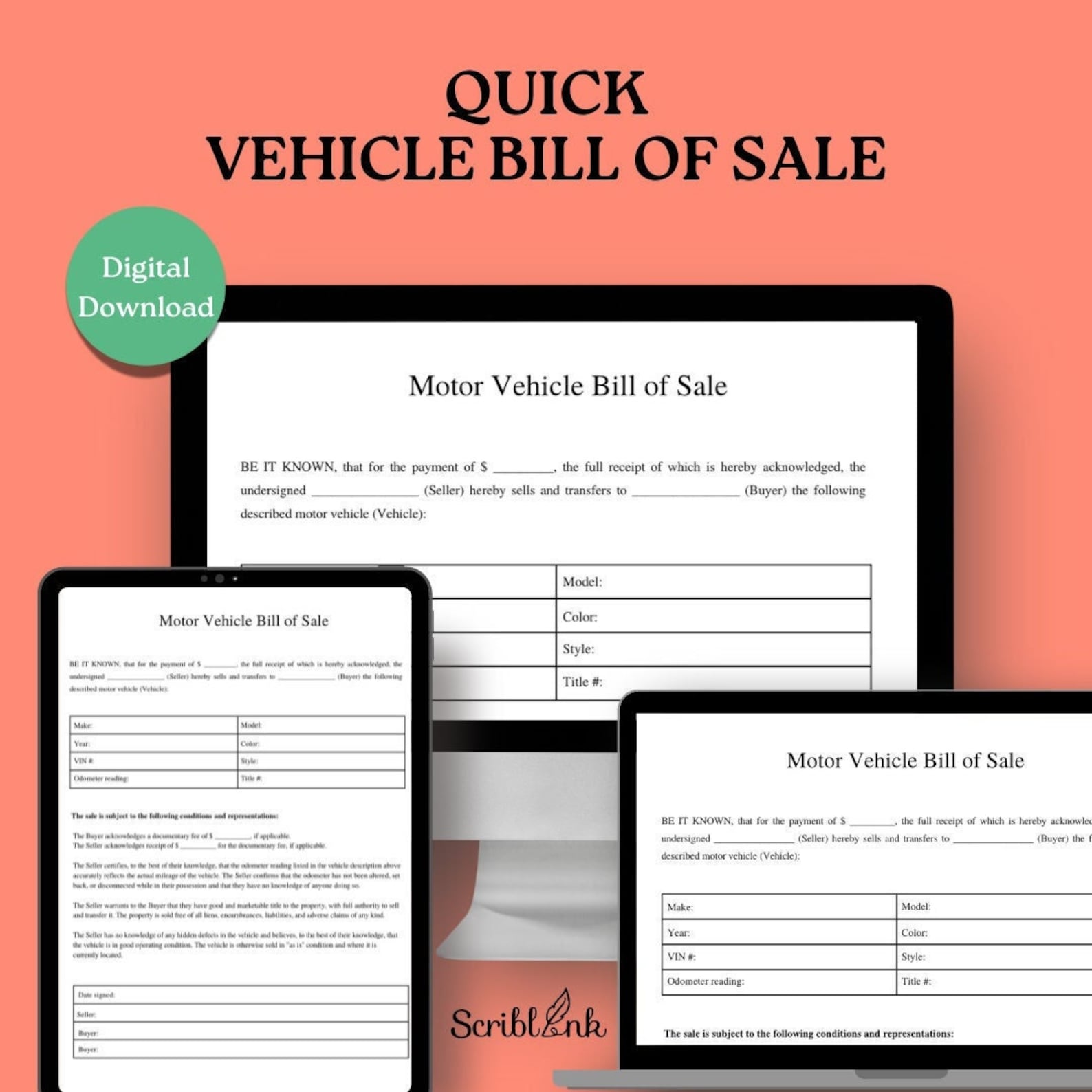 Editable Auto Bill of Sale Template, Printable Car Sale Agreement, for ...