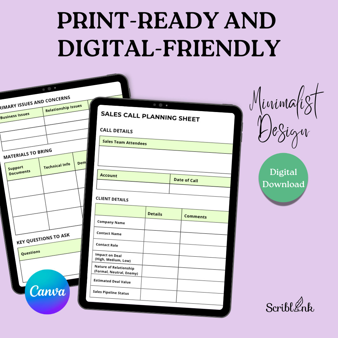 Sales Planner Template Editable Sales Call Log, Daily Sales Goal ...