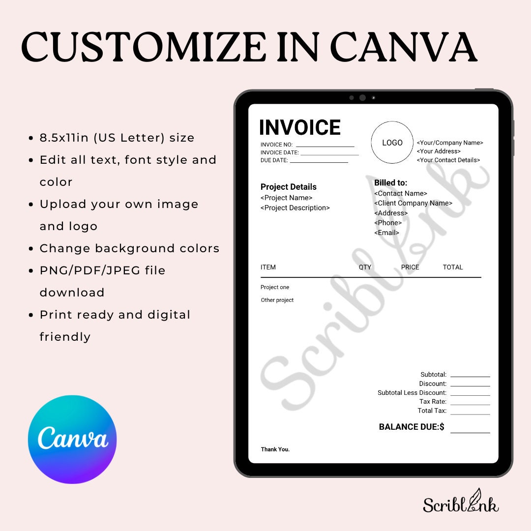 Editable Business Invoice Template: Custom Logo, Printable PDF (digital ...
