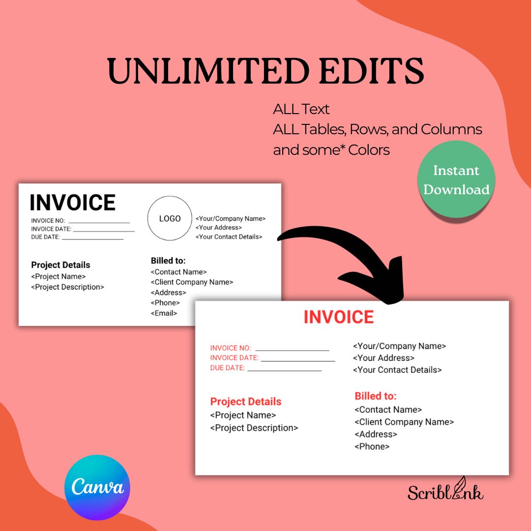 Editable Business Invoice Template: Custom Logo, Printable PDF (digital ...