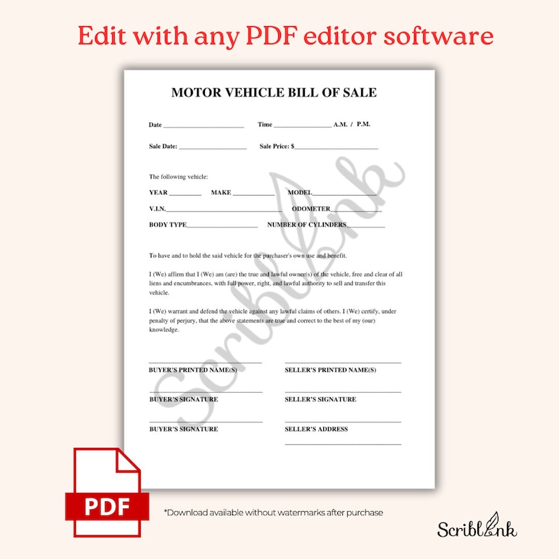 Printable Vehicle Bill of Sale, Editable Car, Truck, Bike Bill of Sale ...