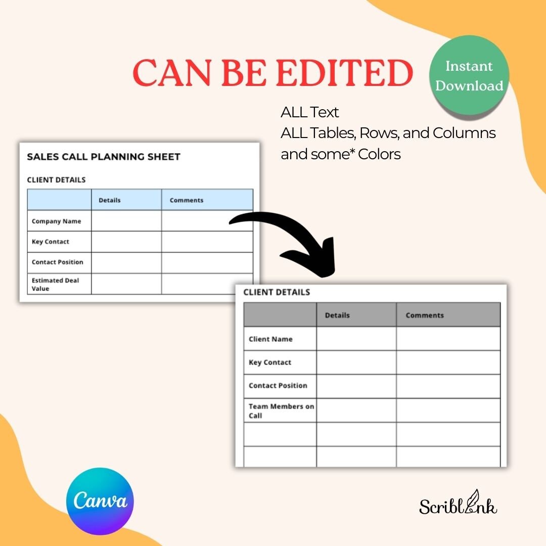 Sales Call Planning Sheet Template: Editable Sales Goal Tracker ...