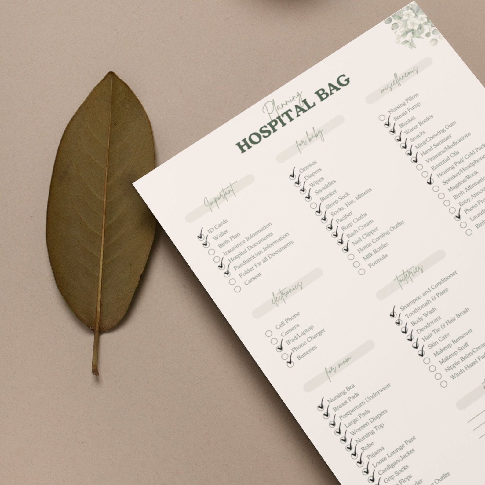 Hospital Bag Checklist PDF Printable, Newborn Essentials Checklist, Mom ...