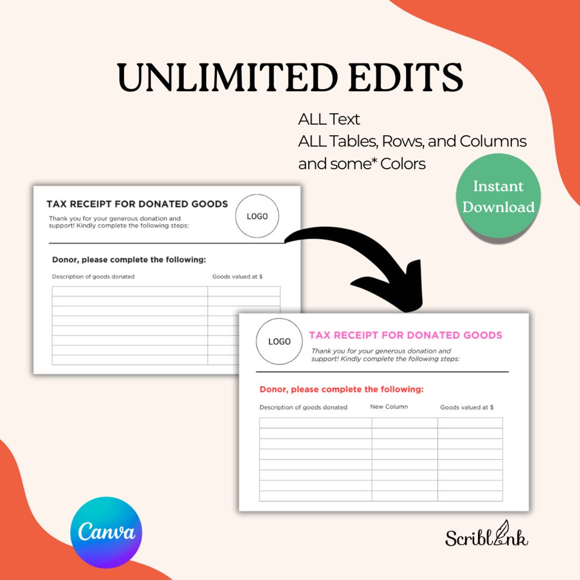 Editable Donation Receipt Template: Printable Charity Form (PDF) - Etsy