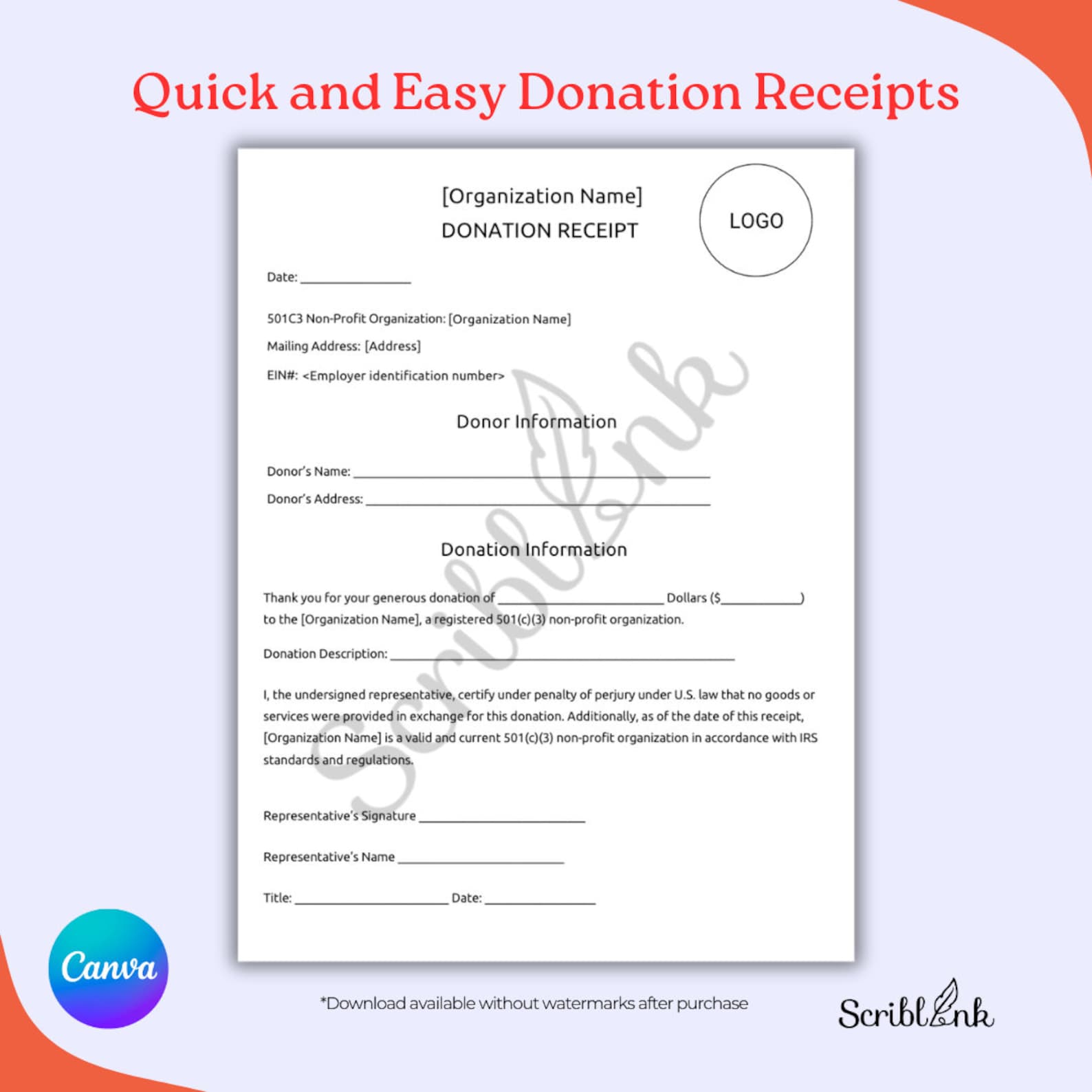 Printable Donation Form & Receipt Template, Editable Charity Donation ...