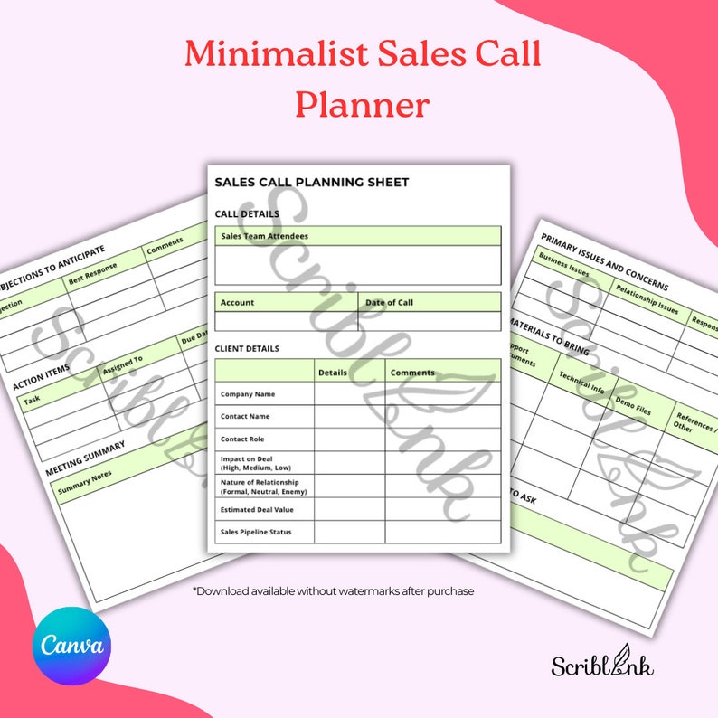 Sales Planner Template Editable Sales Call Log, Daily Sales Goal ...