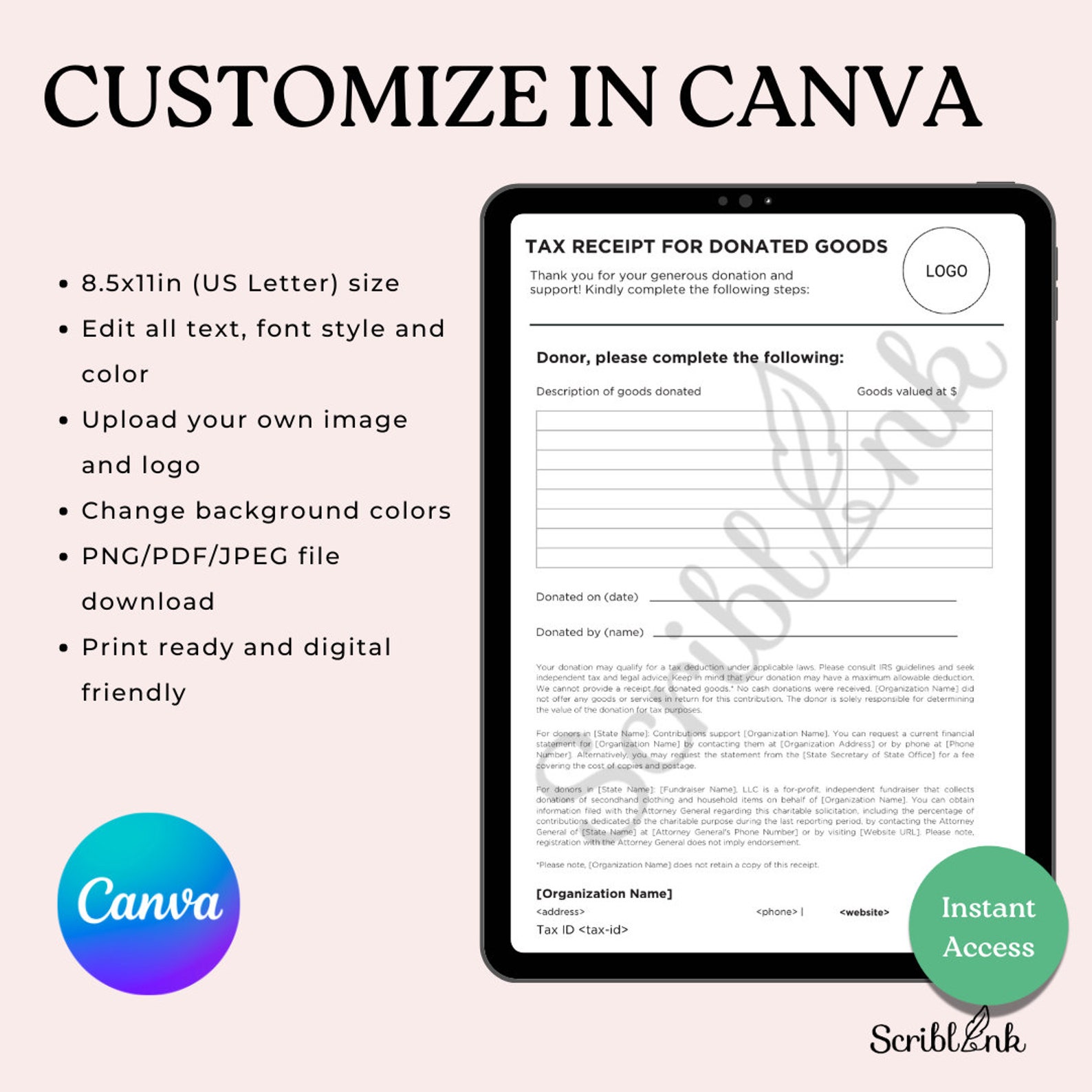 Editable Donation Receipt Template: Printable Charity Form (PDF) - Etsy