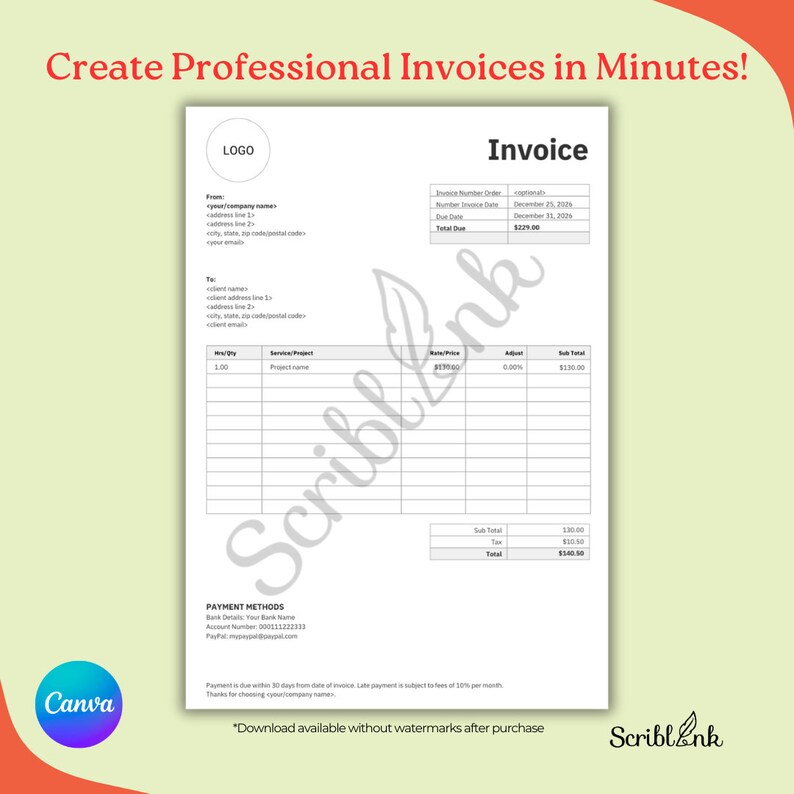 Editable Custom Invoice Template, Digital Invoice Design, Social Media ...