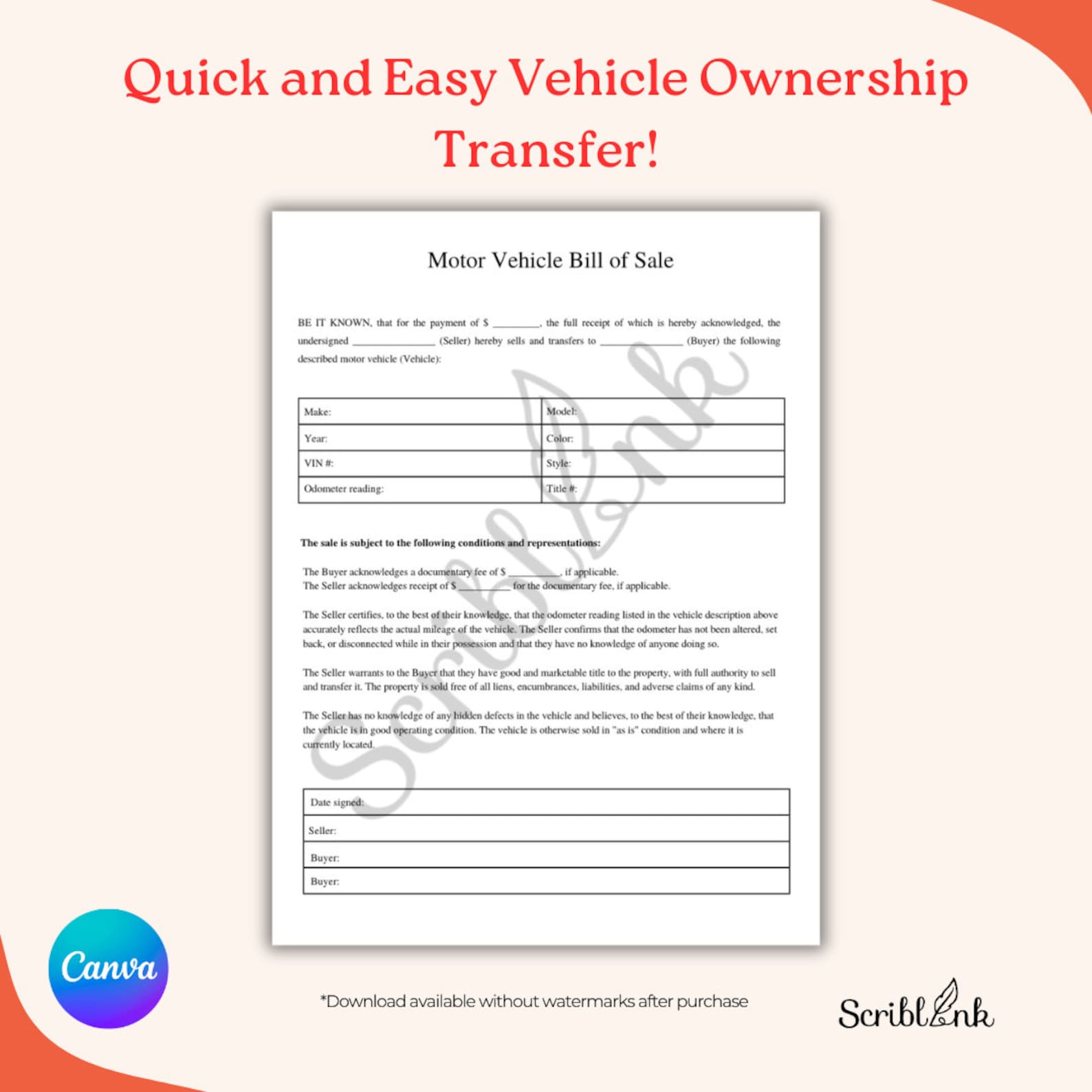 Editable Auto Bill of Sale Template, Printable Car Sale Agreement, for ...