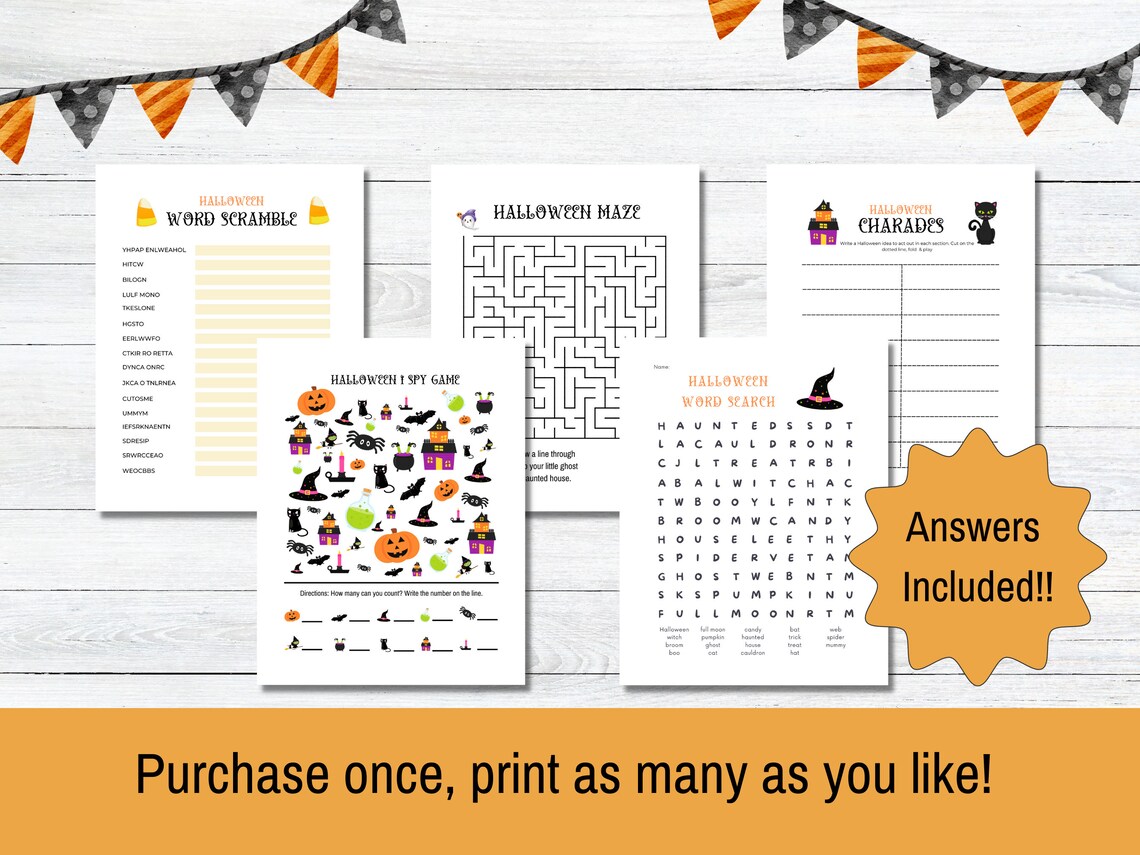 Printable Halloween Activity Pack: Party Activity Bundle, Kids Puzzles ...