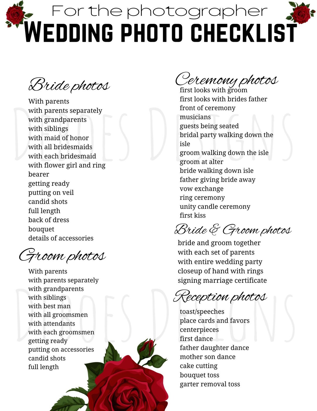 Printable Wedding Photo List , for the Photographer, Wedding Pictures ...