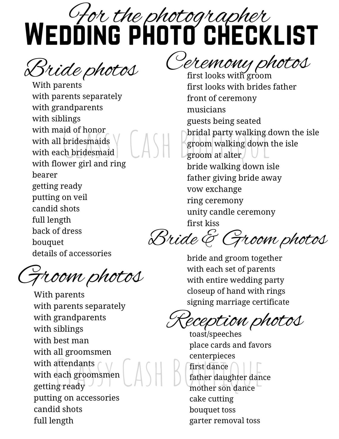 Printable Wedding Photo List , for the Photographer, Wedding Pictures ...