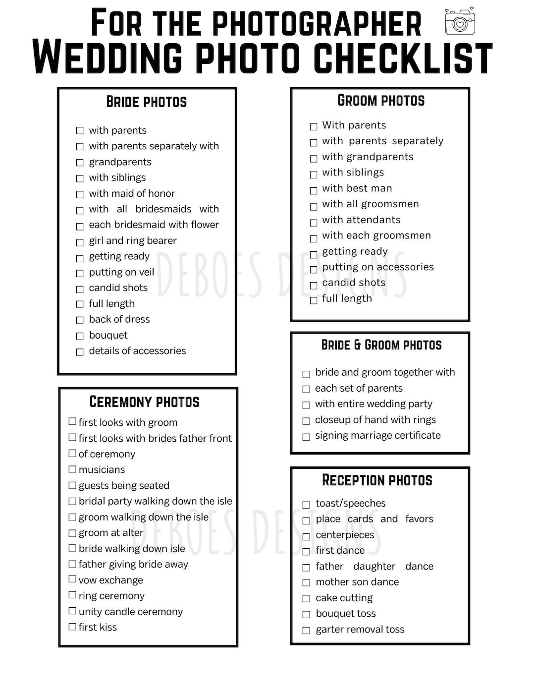 Printable Wedding Photo List , for the Photographer, Wedding Pictures ...