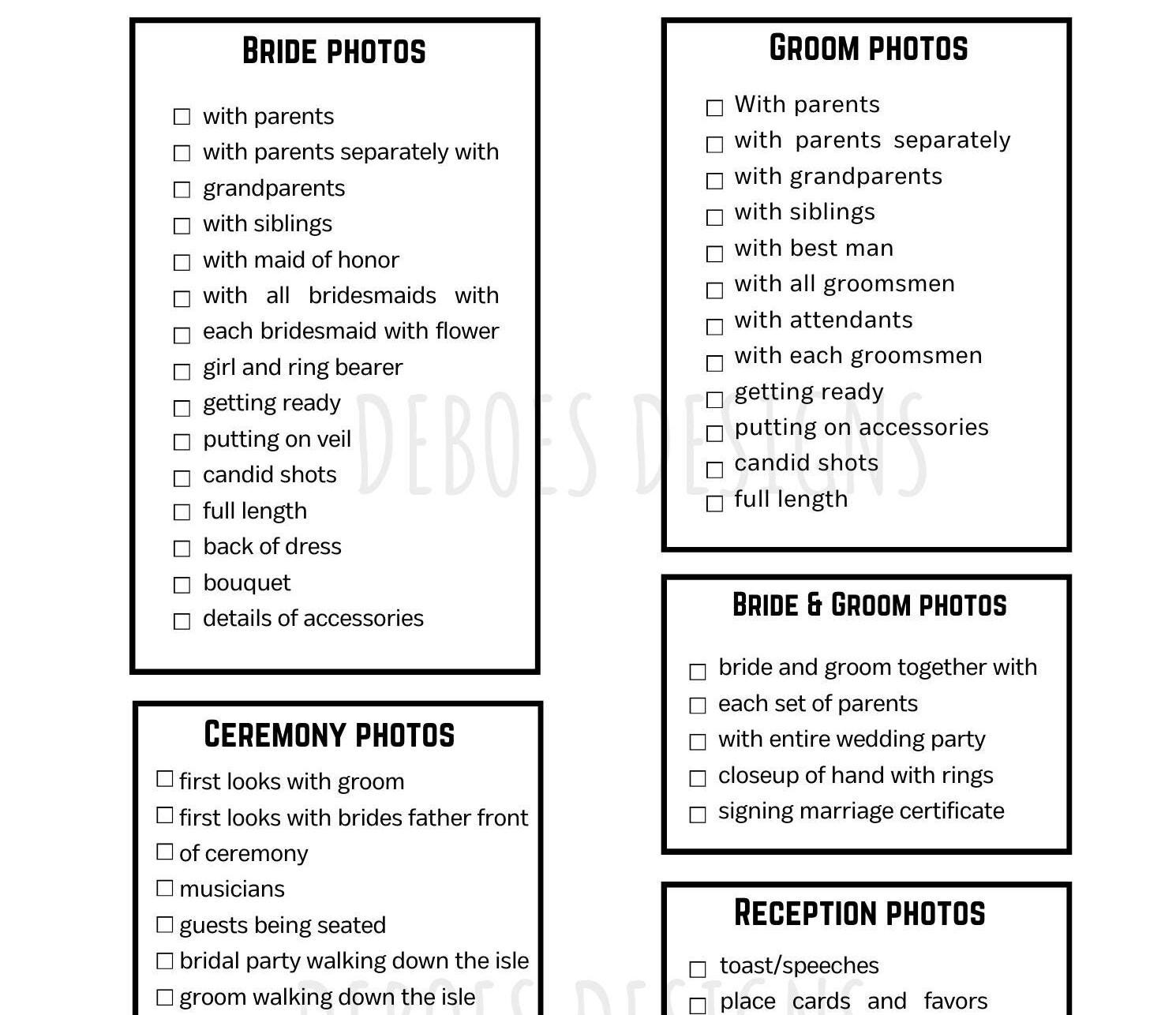 Printable Wedding Photo List , for the Photographer, Wedding Pictures ...