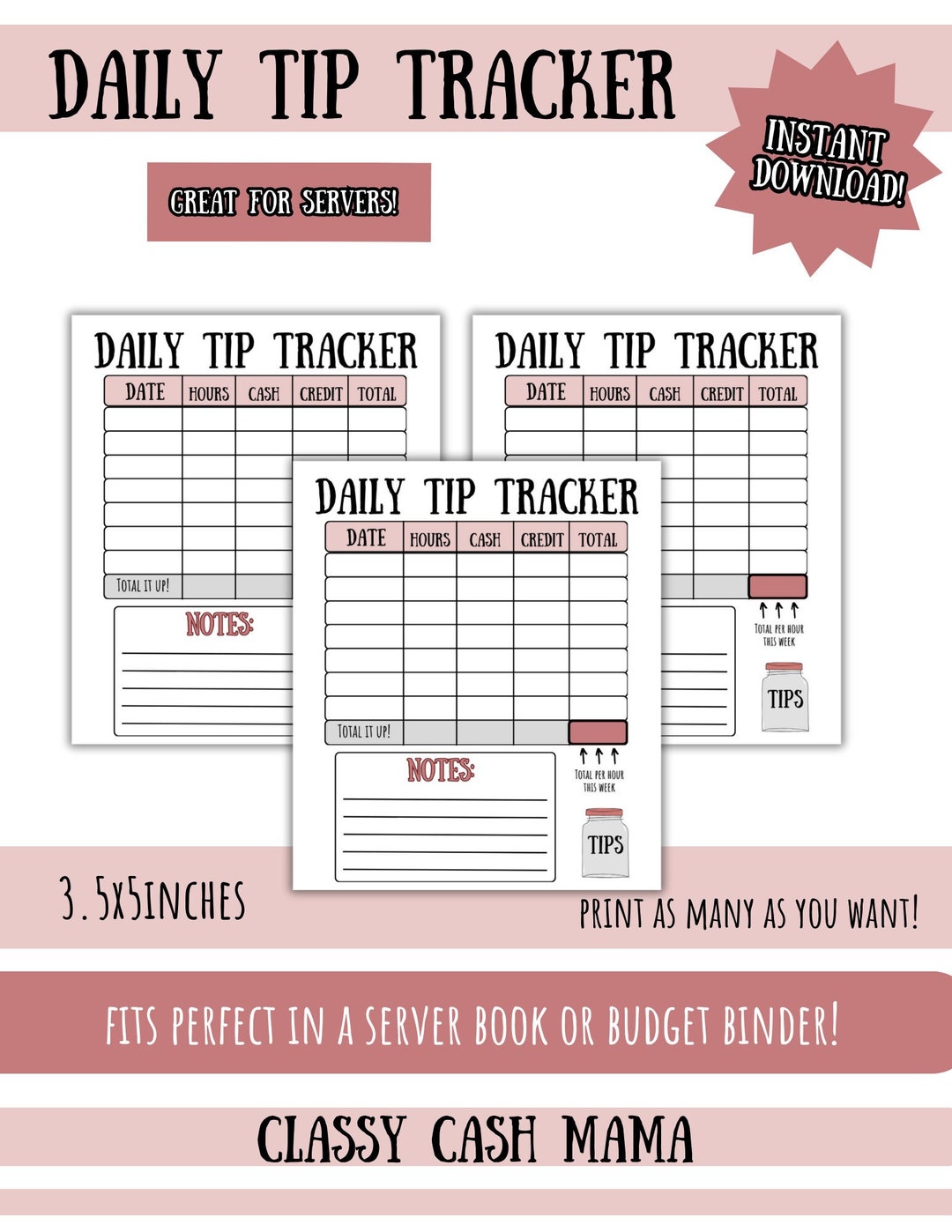 Daily Tip Tracker Printable Great for Servers. Minimalist - Etsy