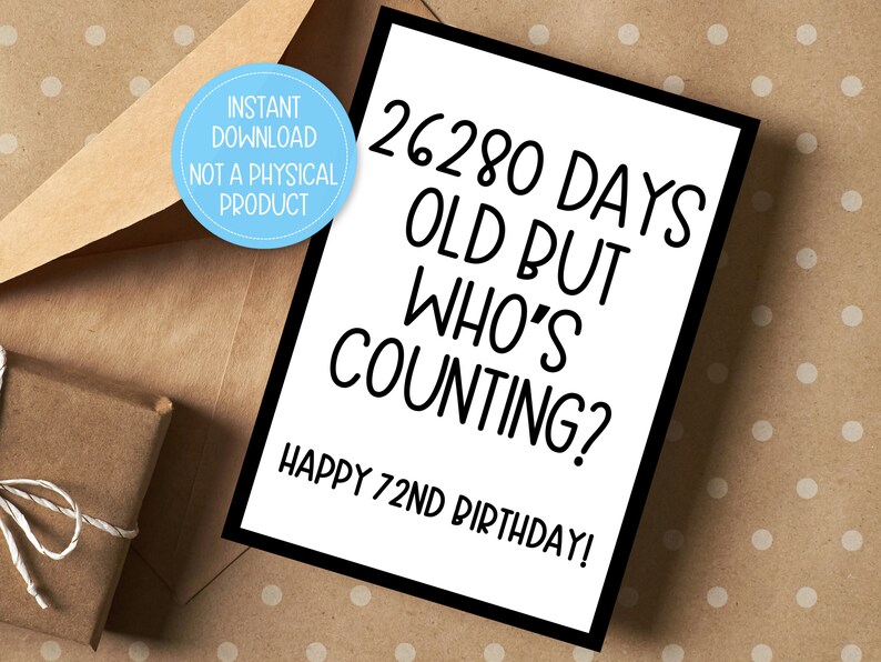 72th Birthday Card Printable, 72nd Birthday Card, 72 Year Old Birthday ...