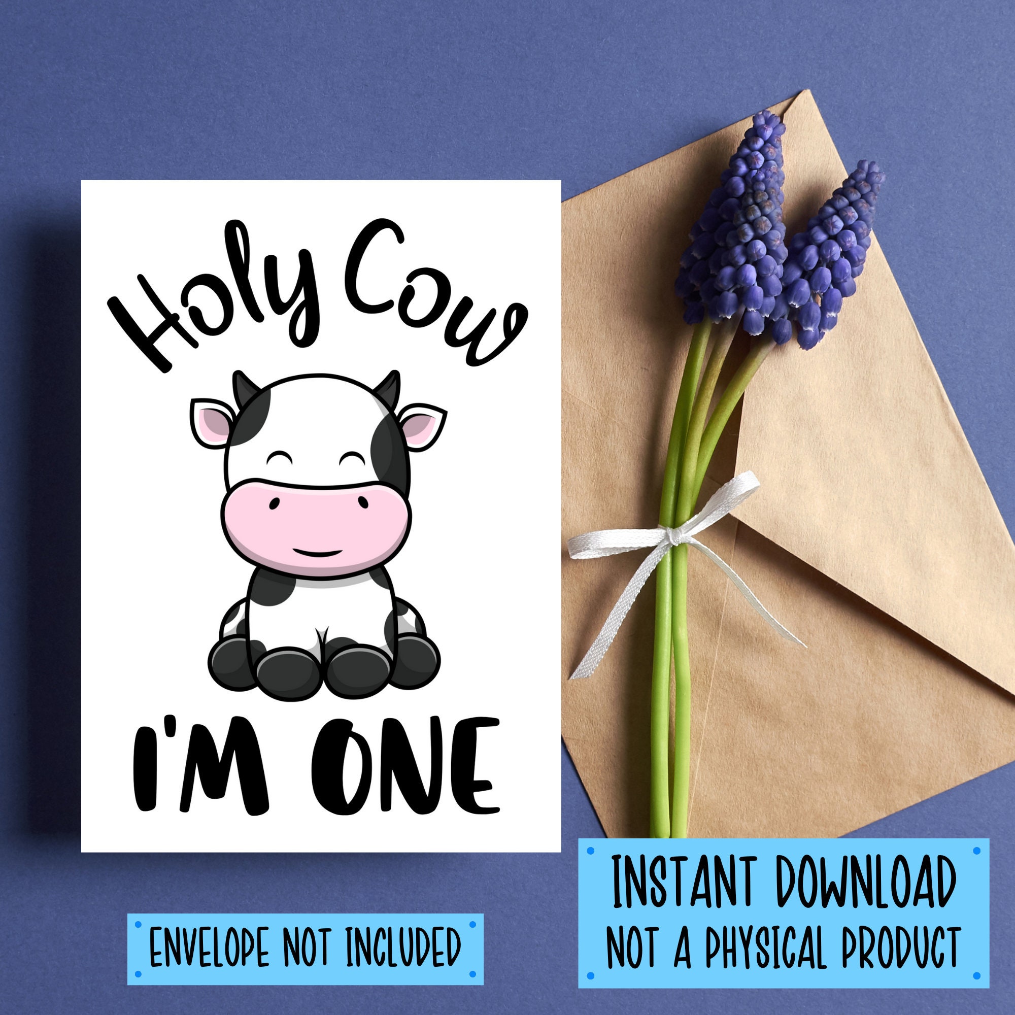 Holy Cow I'm One Card Printable, Downloadable 1st Birthday Card, First ...